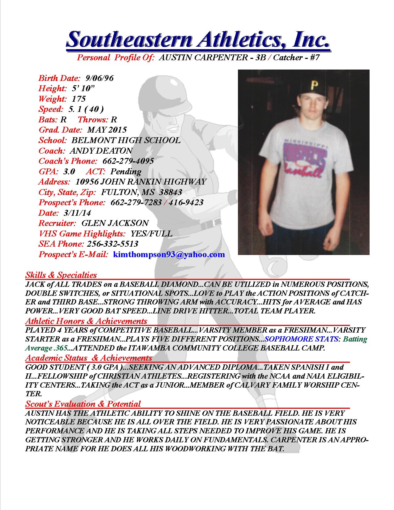 Austin Carpenter, 2015, 3B / Catcher – Belmont HS, MS | Southeastern ...