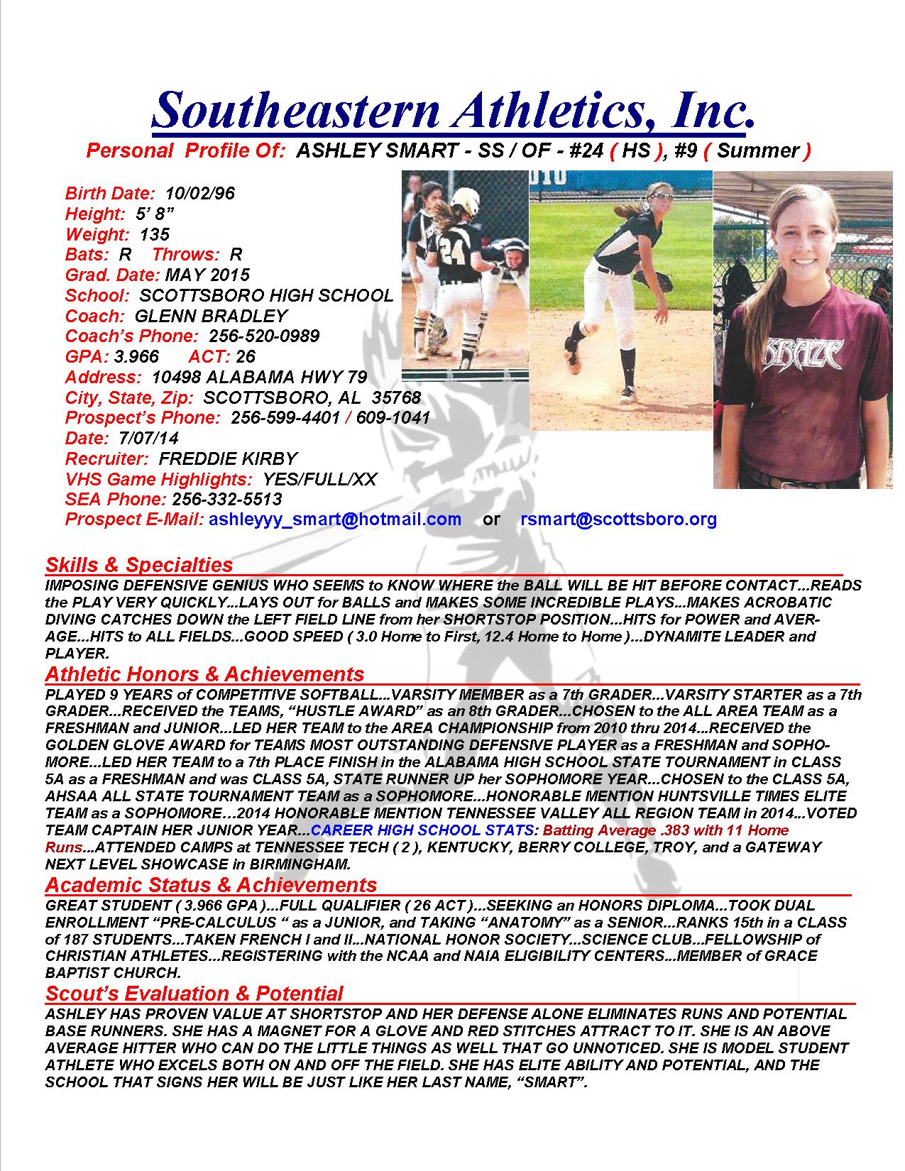 Ashley Smart, 2015, SS/2B/OF, Scottsboro HS, AL | Southeastern ...