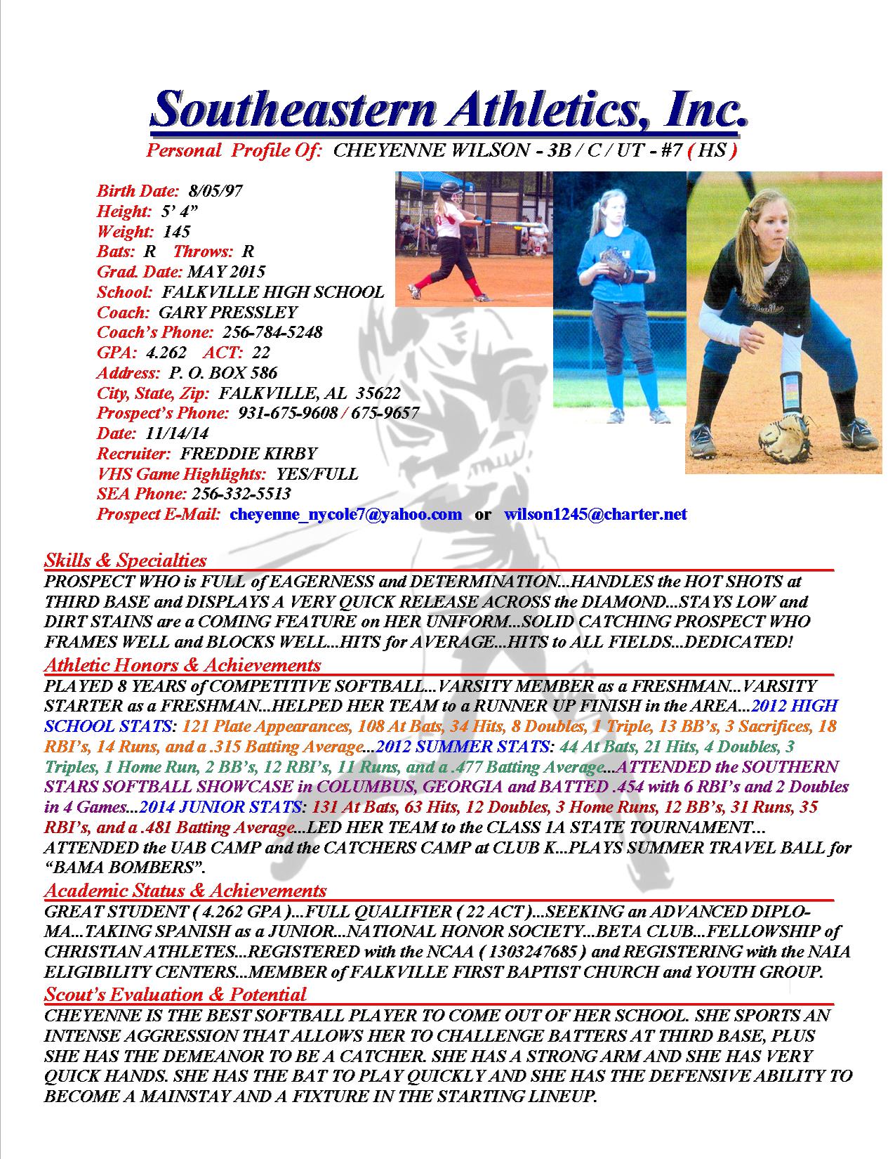 Cheyenne Wilson, 2015, 3B/C/UT, Falkville HS, AL | Southeastern ...