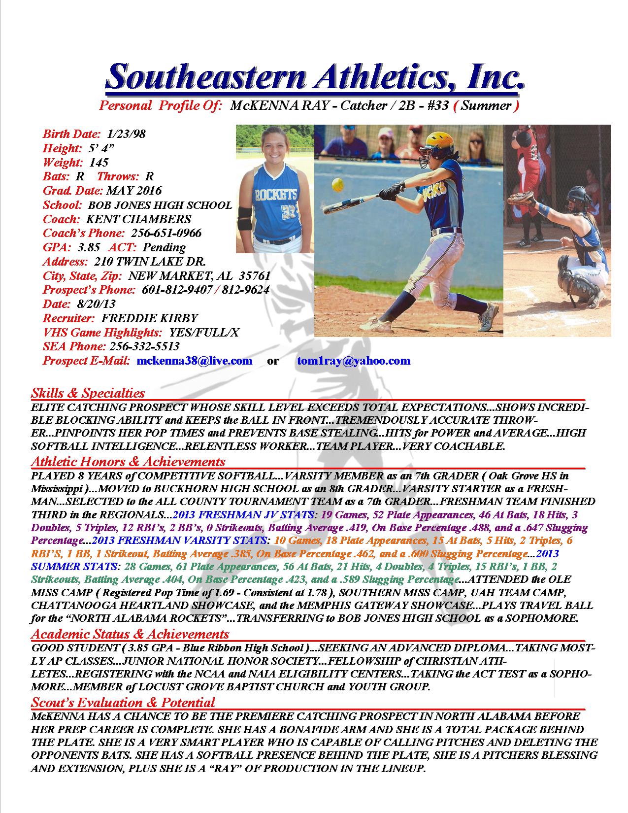 McKenna Ray, 2016, C/2B, Bob Jones HS, AL | Southeastern Athletics, Inc.