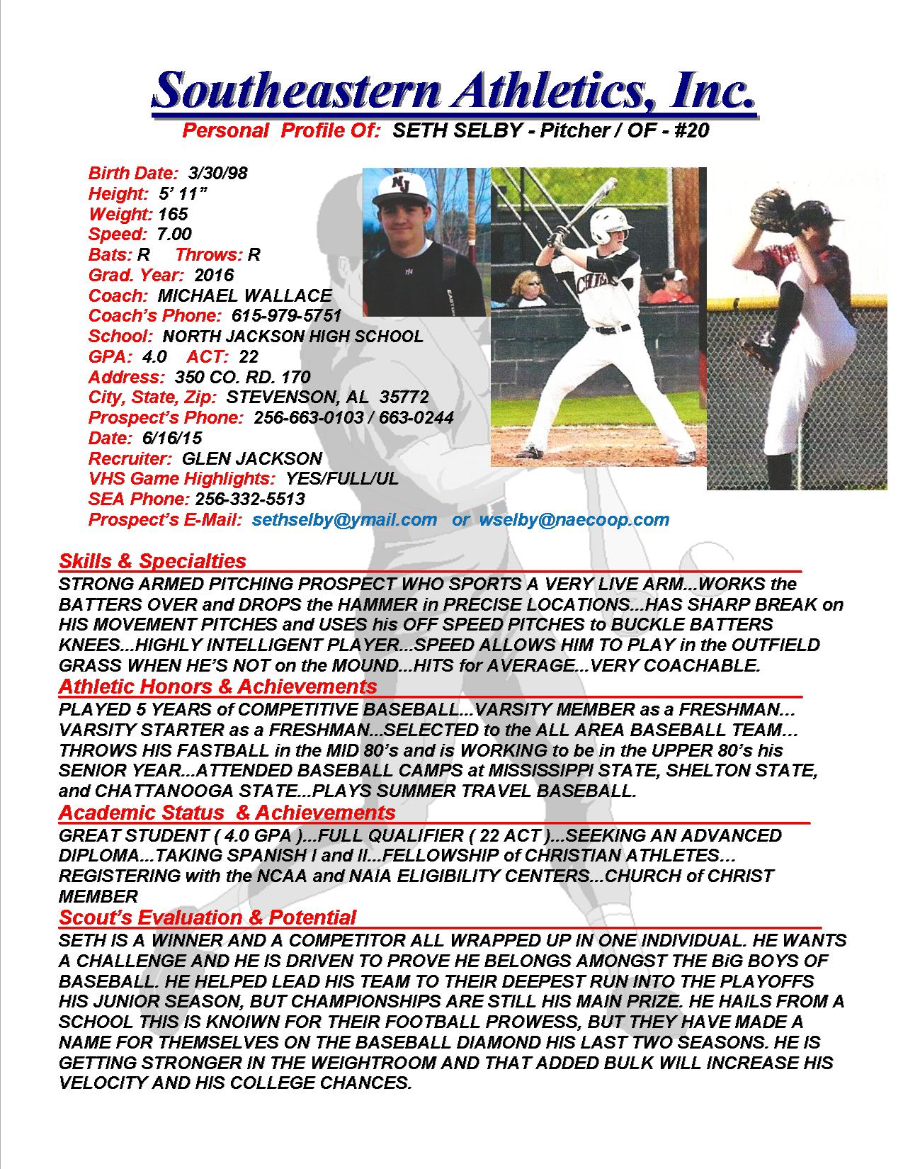 Seth Selby, 2016, Pitcher / OF, North Jackson HS, AL | Southeastern ...