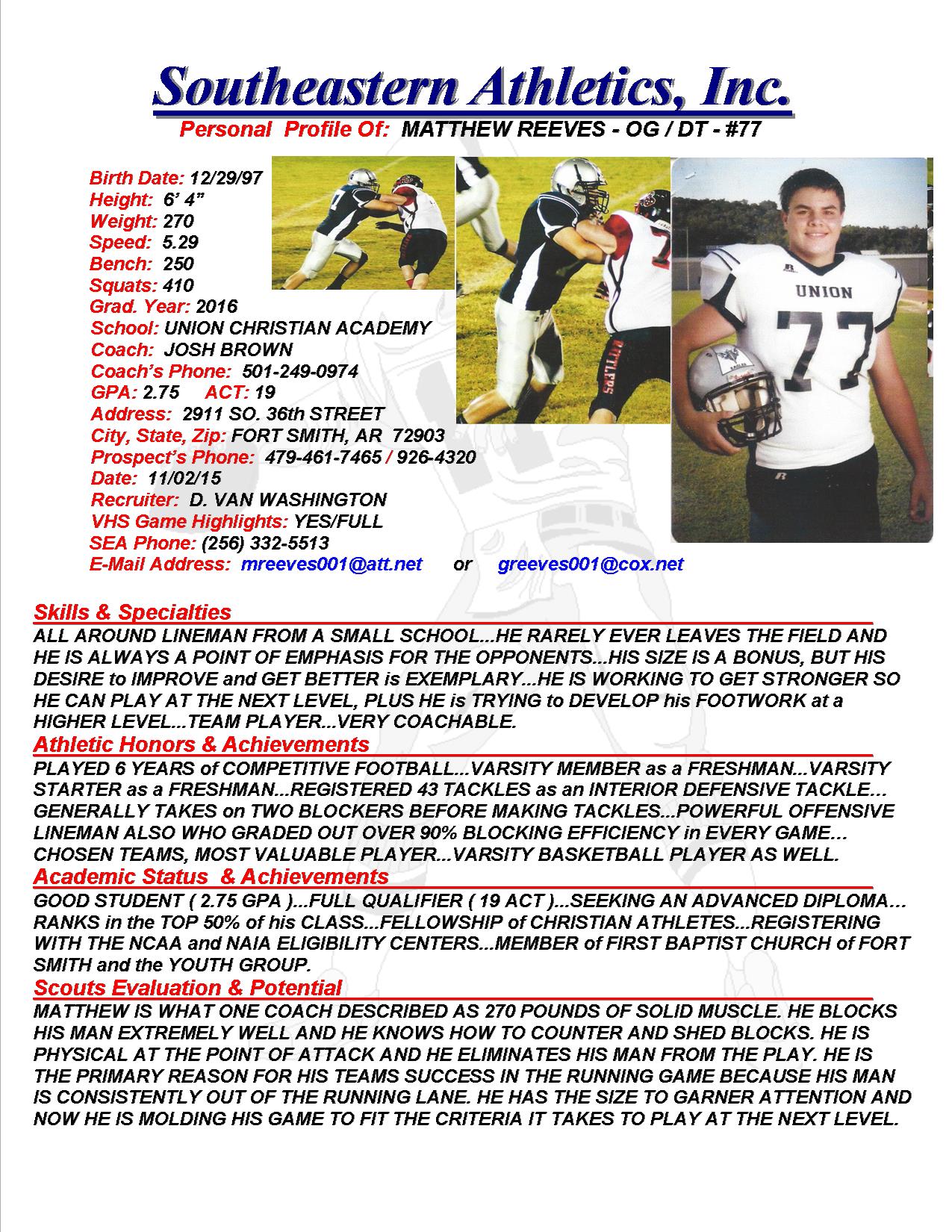 Matthew Reeves, 2016, OG / DT, Union Christian Academy, AR ...