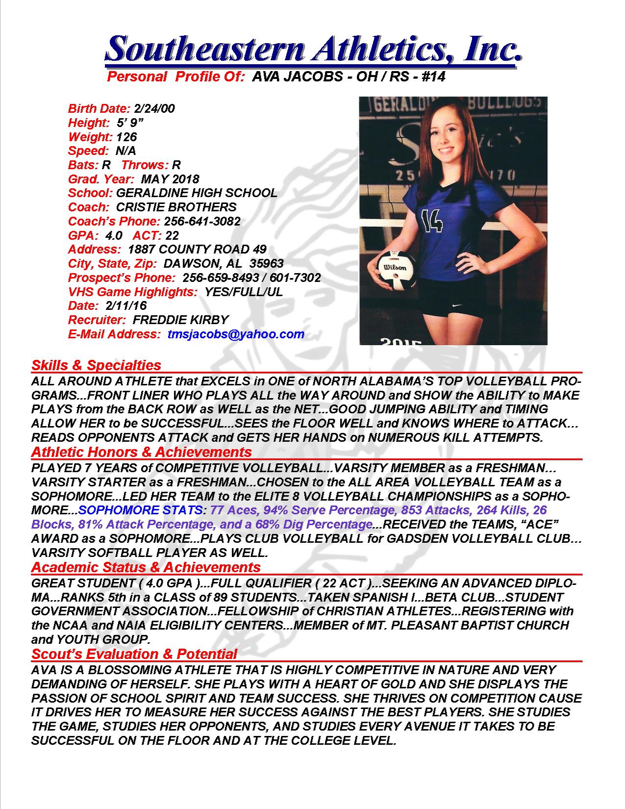 Ava Jacobs, 2018, OH / RS, Geraldine HS, AL | Southeastern Athletics, Inc.