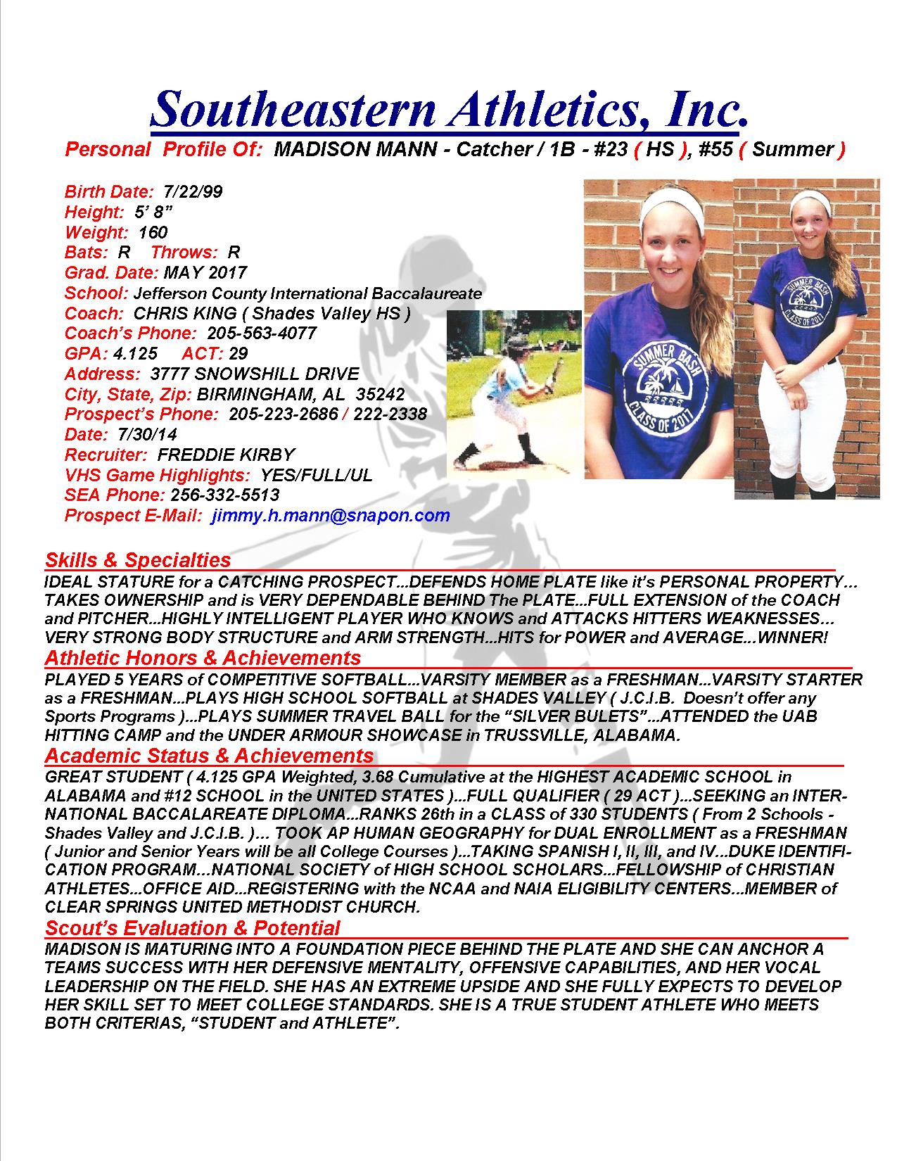 Madison Mann, 2017, Catcher – JCIB School, AL | Southeastern Athletics ...