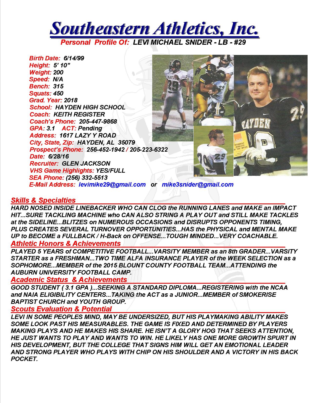 Levi Snider, 2018, LB, Hayden HS, AL | Southeastern Athletics, Inc.