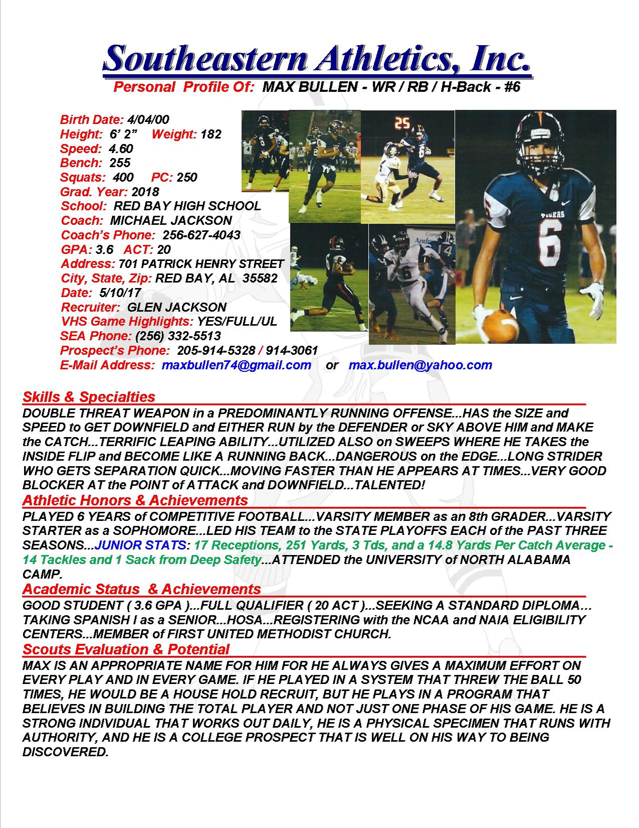 Max Bullen, 2018, WR / RB / H-Back, Red Bay HS, AL | Southeastern ...