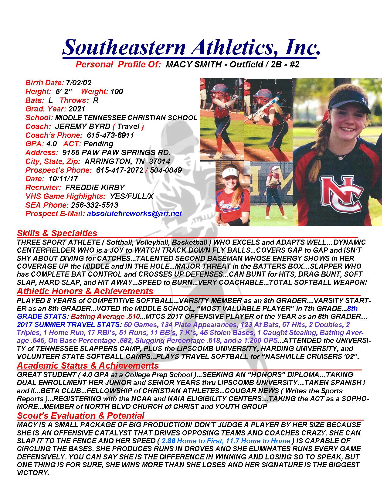 Macy Smith, 2021, Outfield / 2B, Middle Tennessee Christian School, TN ...