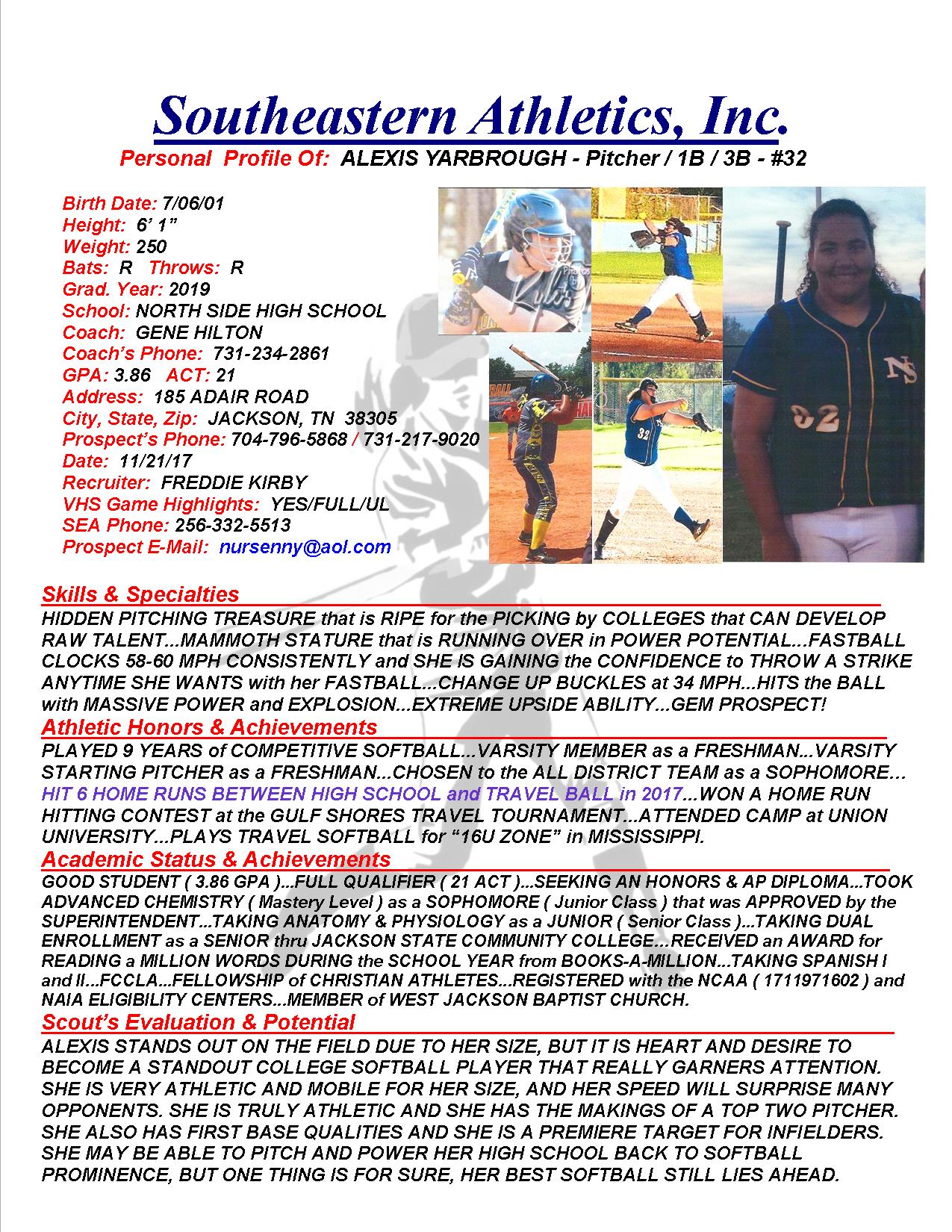 Alexis Yarbrough, 2019, Pitcher / 1B / 3B, North Side HS, TN ...