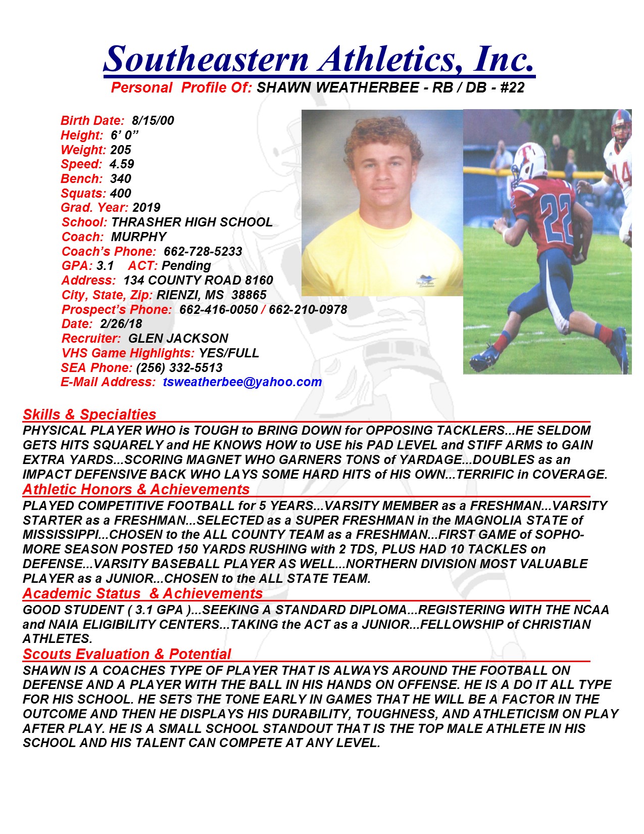 Shawn Weatherbee, 2019, RB / DB, Thrasher HS, MS | Southeastern ...