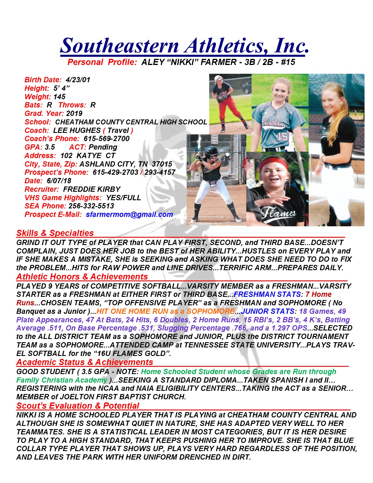 Aley “Nikki” Farmer, 2019, 3B / 2B / 1B, Cheatham County Central HS, TN ...