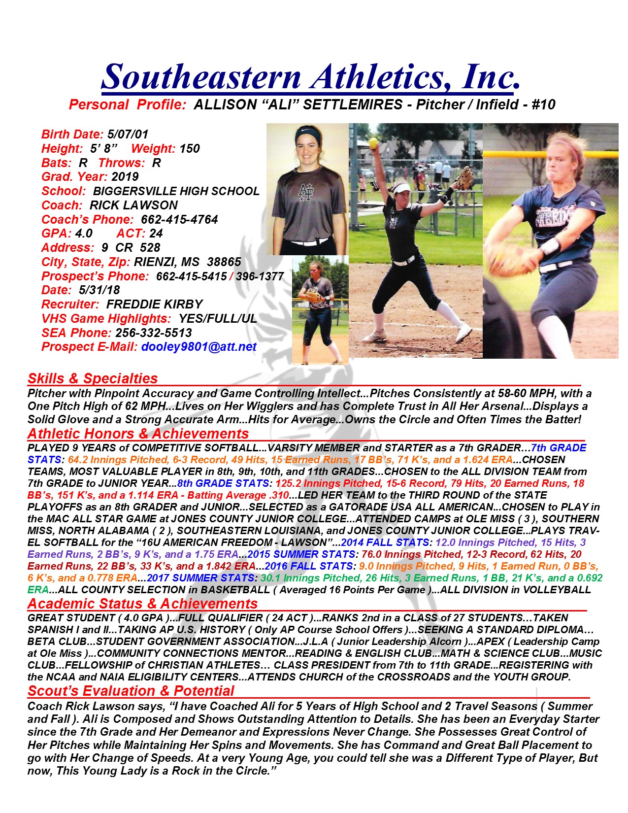 Allison “Ali” Settlemires, 2019, Pitcher / Infield, Biggersville HS, MS ...