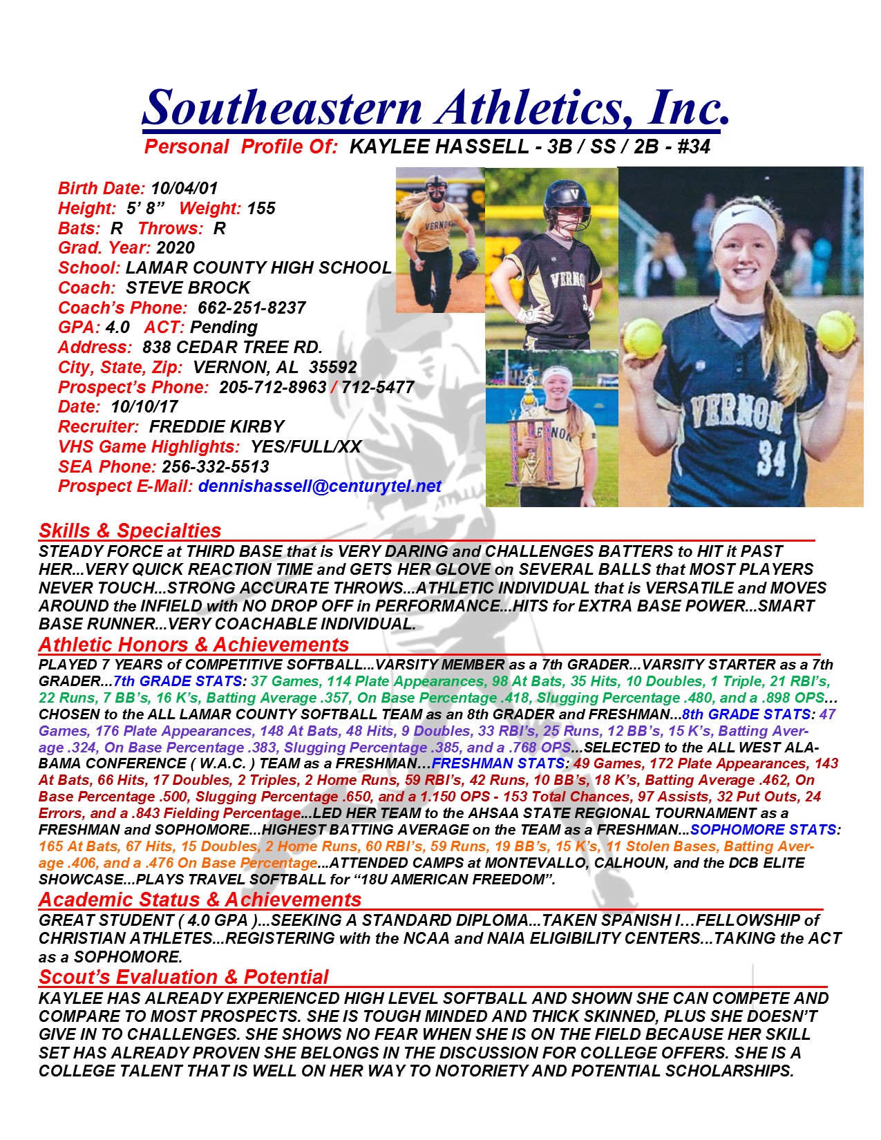 Kaylee Hassell, 2020, 3B / SS / 2B, Lamar County HS, AL – Southeastern ...