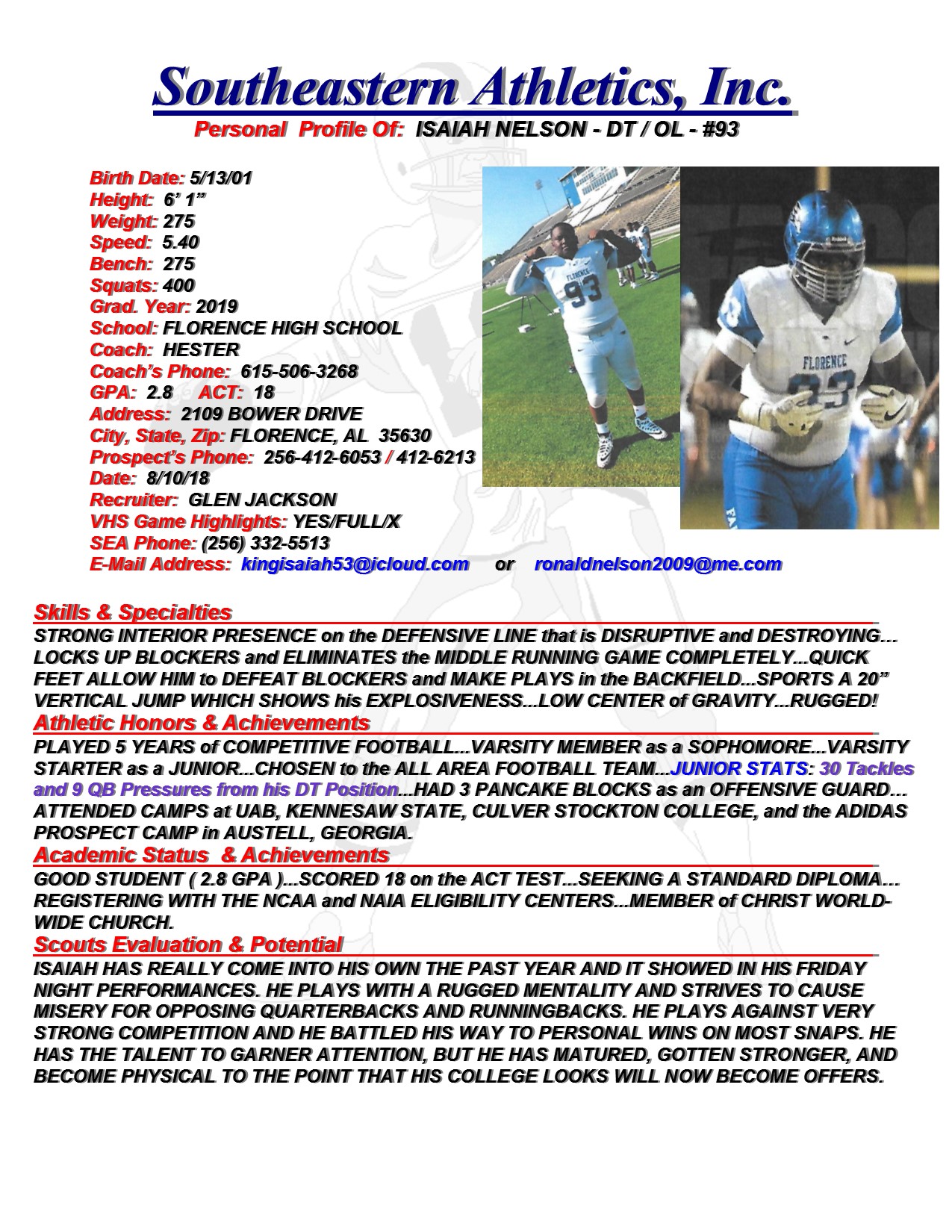 Isaiah Nelson, 2019, DT / OL, Florence HS, AL | Southeastern Athletics ...