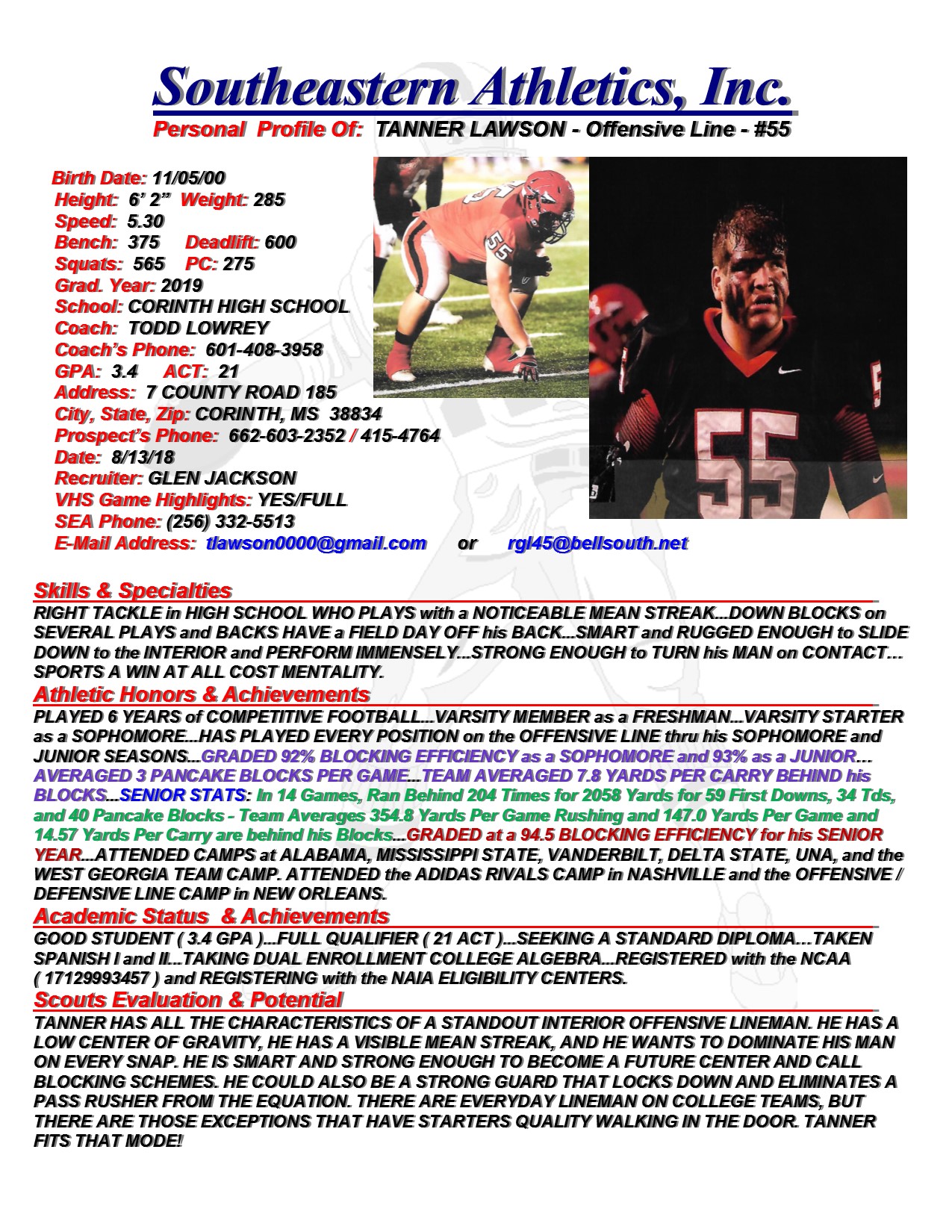 Tanner Lawson, 2019, Offensive Line, Corinth HS, MS – Southeastern ...