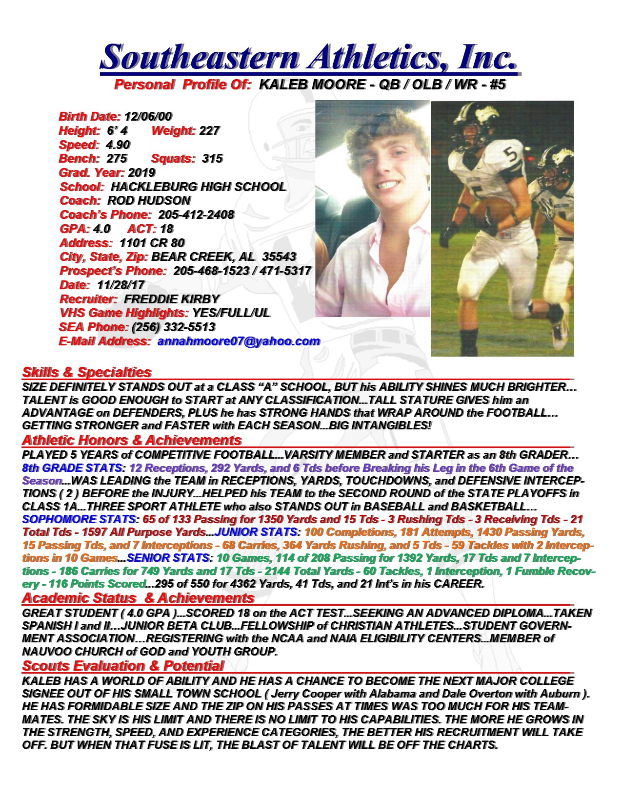 Kaleb Moore, 2019, QB / OLB / TE, Hackleburg HS, AL | Southeastern ...