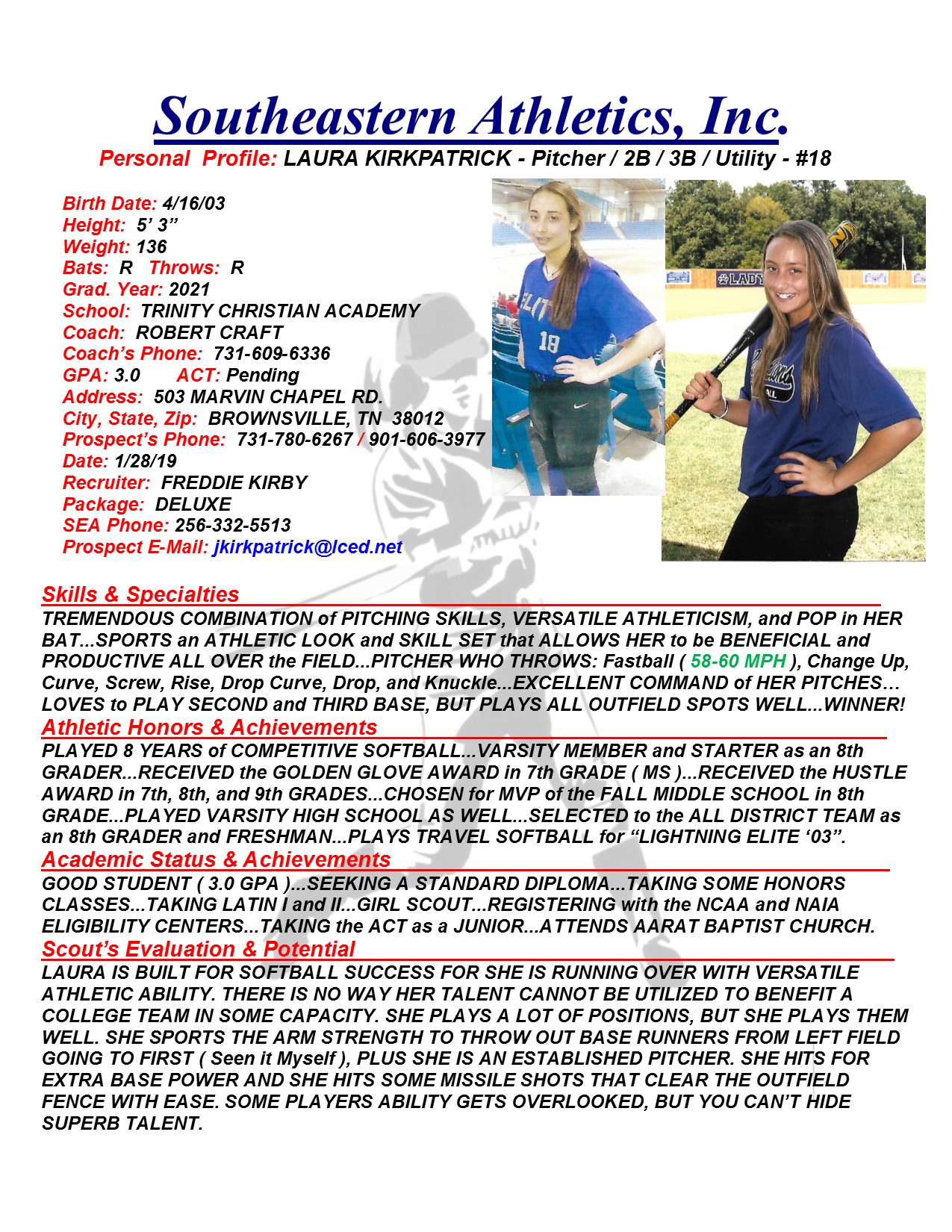 Laura Kirkpatrick, 2021, Pitcher / 2B / 3B / Utility, Trinity Christian ...