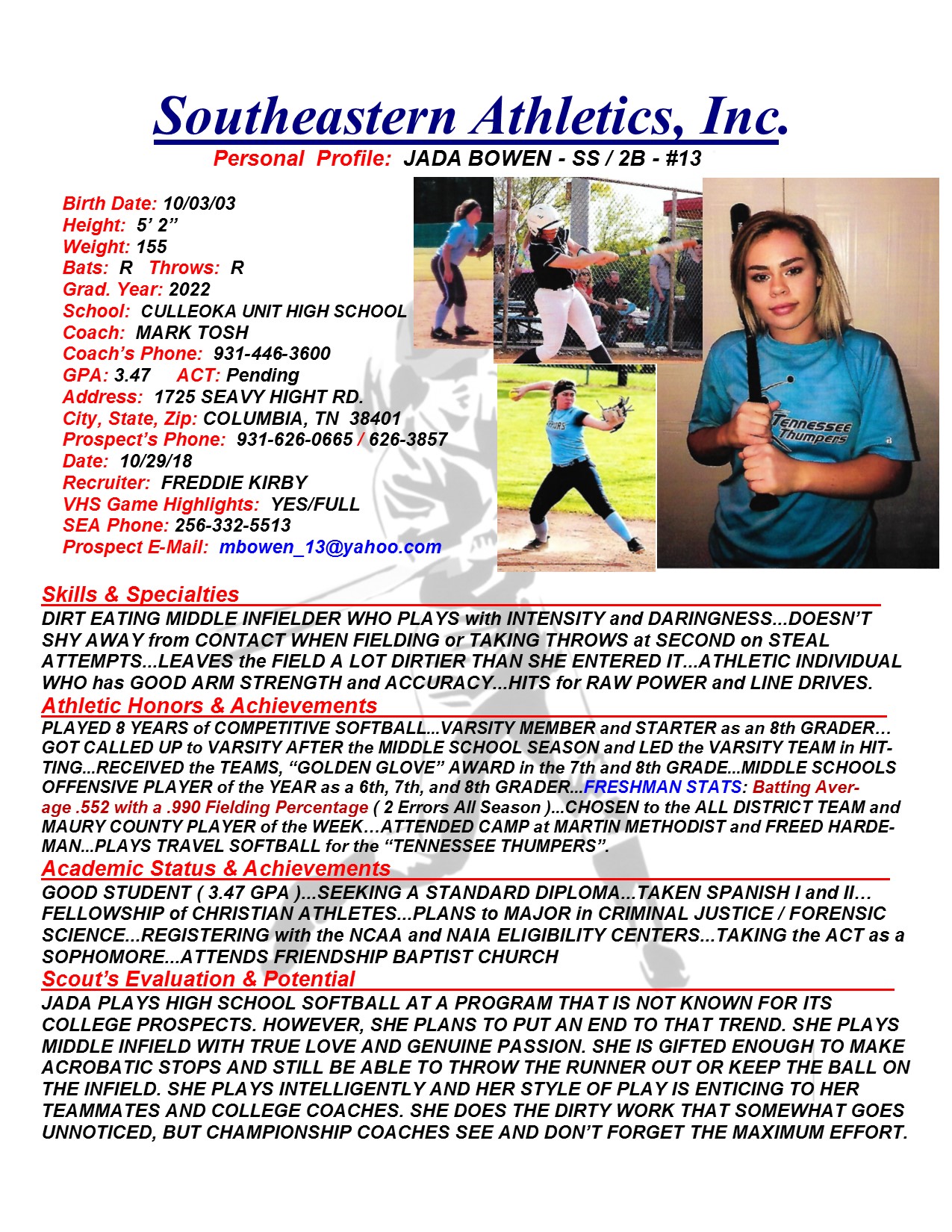 Jada Bowen, 2022, SS / 2B, Culleoka Unit HS, TN | Southeastern ...