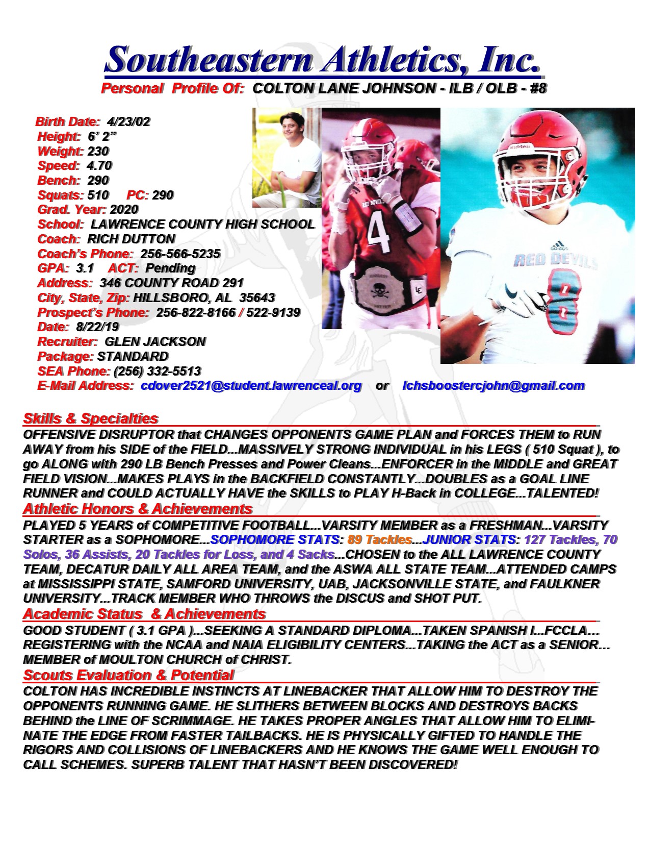 Colton Johnson, 2020, ILB / OLB, Lawrence County HS, AL | Southeastern ...