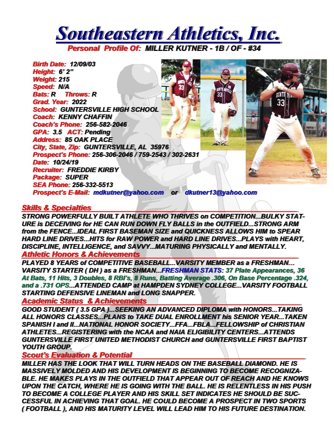 Miller Kutner, 2022, 1B / OF, Gunterville HS, AL – Southeastern ...