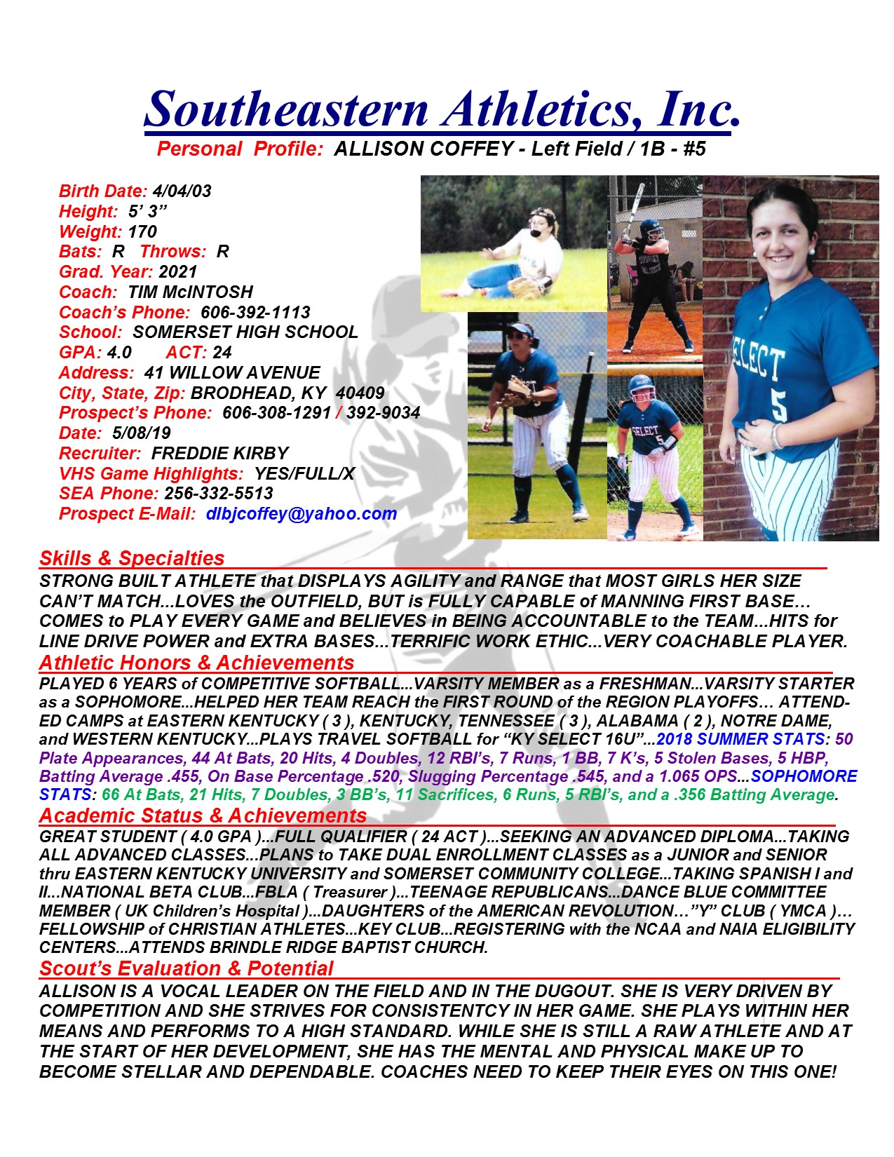 Allison Coffey, 2021, Left Field / 1B, Somerset HS, KY – Southeastern ...