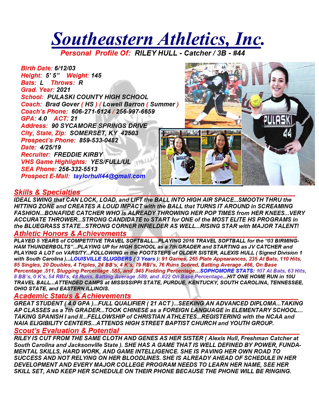 Riley Hull, 2021, Catcher / 3B, Pulaski County HS, KY | Southeastern ...