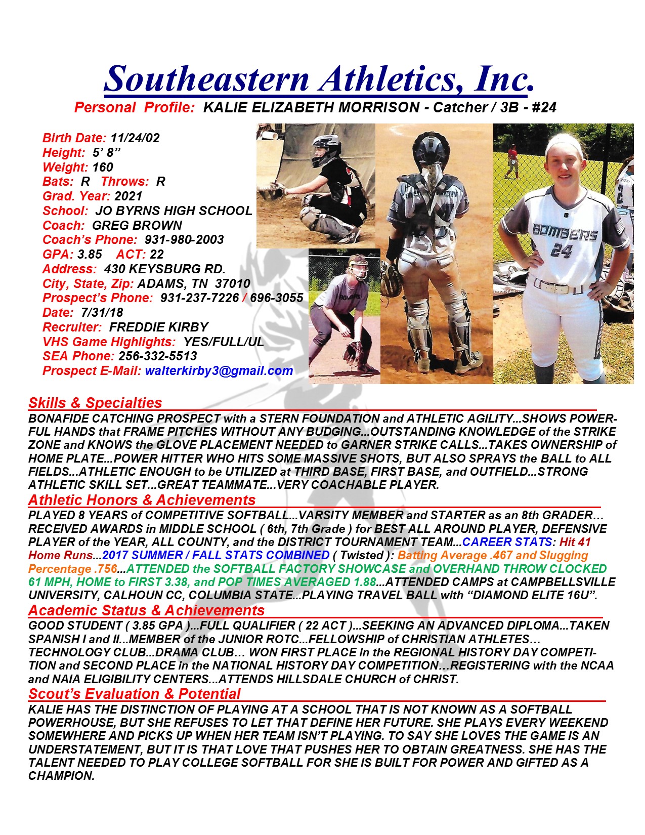 Kalie Morrison, 2021, Catcher / 3B, Jo Byrns HS, TN | Southeastern ...