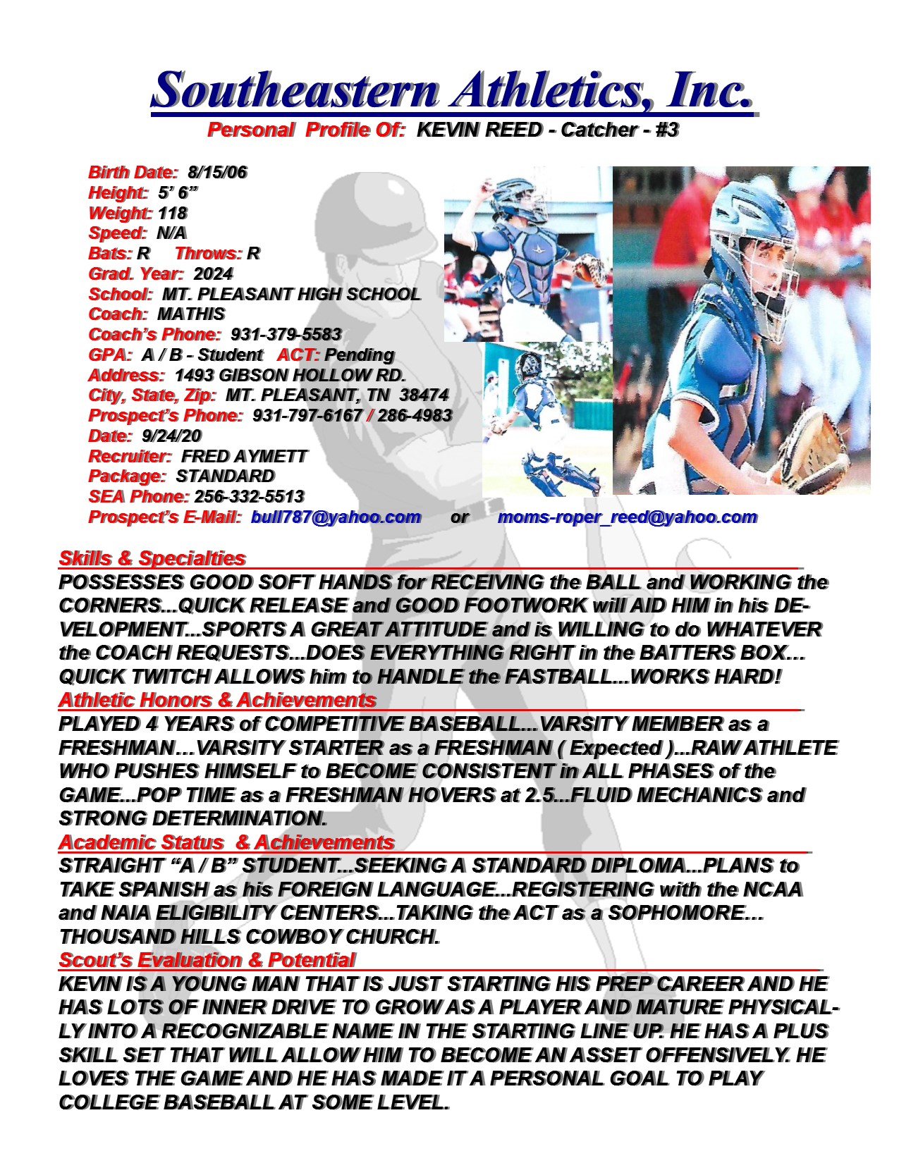 Kevin Reed, 2024, Catcher, Mt. Pleasant HS, TN | Southeastern Athletics ...