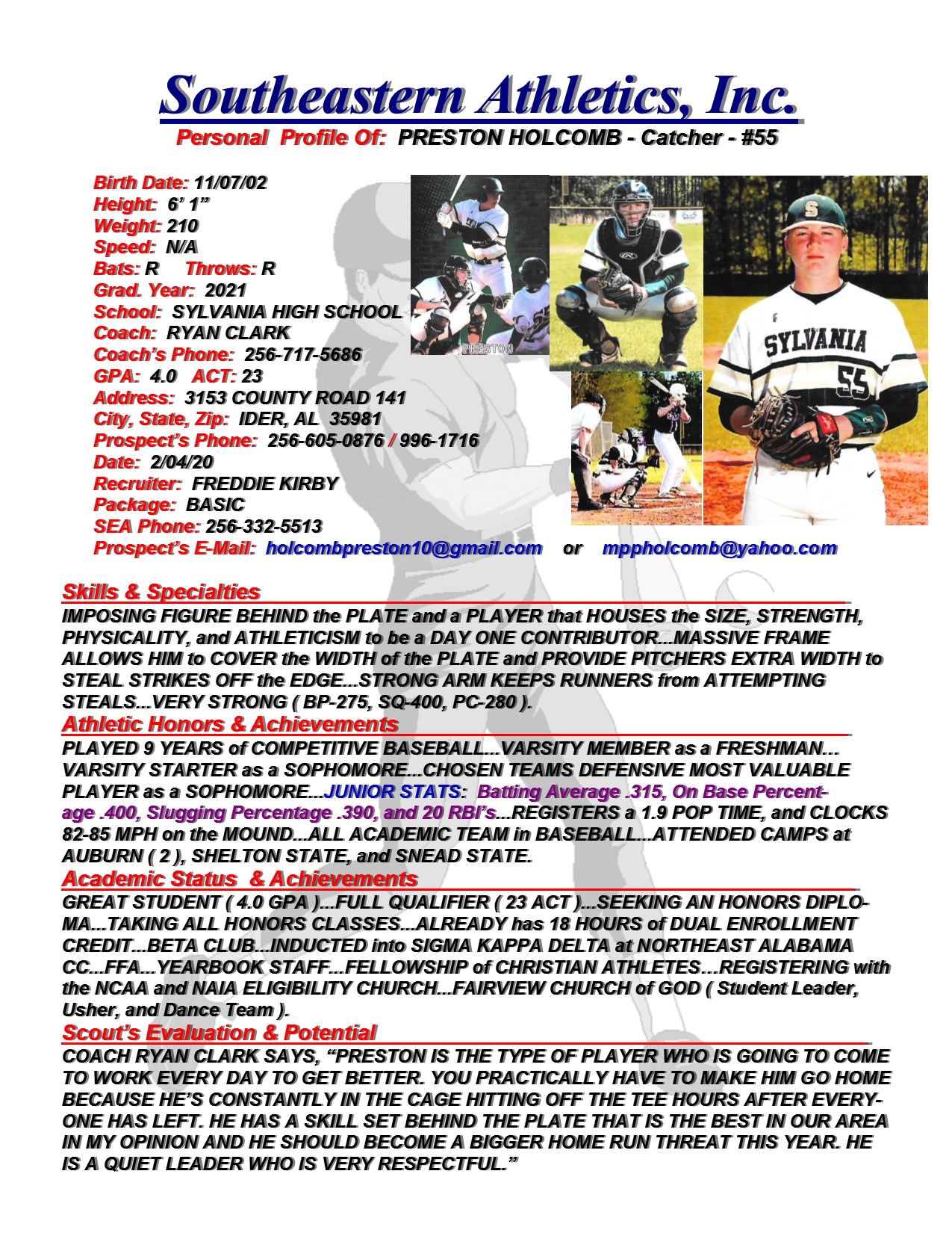 Preston Holcomb, 2021, Catcher, Sylvania HS, AL | Southeastern ...