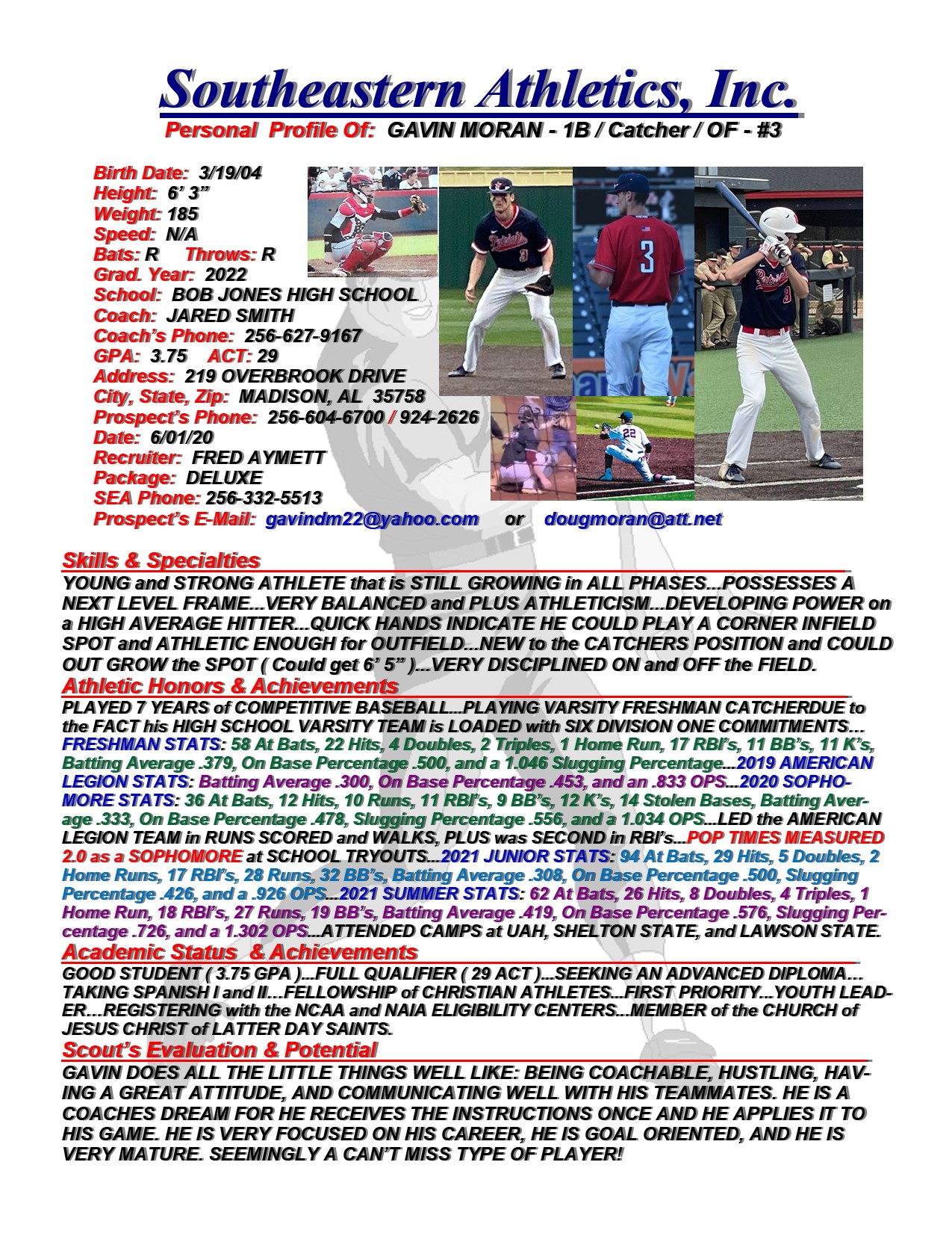 Gavin Moran, 2022, 1B / Catcher / OF, Bob Jones HS, AL | Southeastern ...