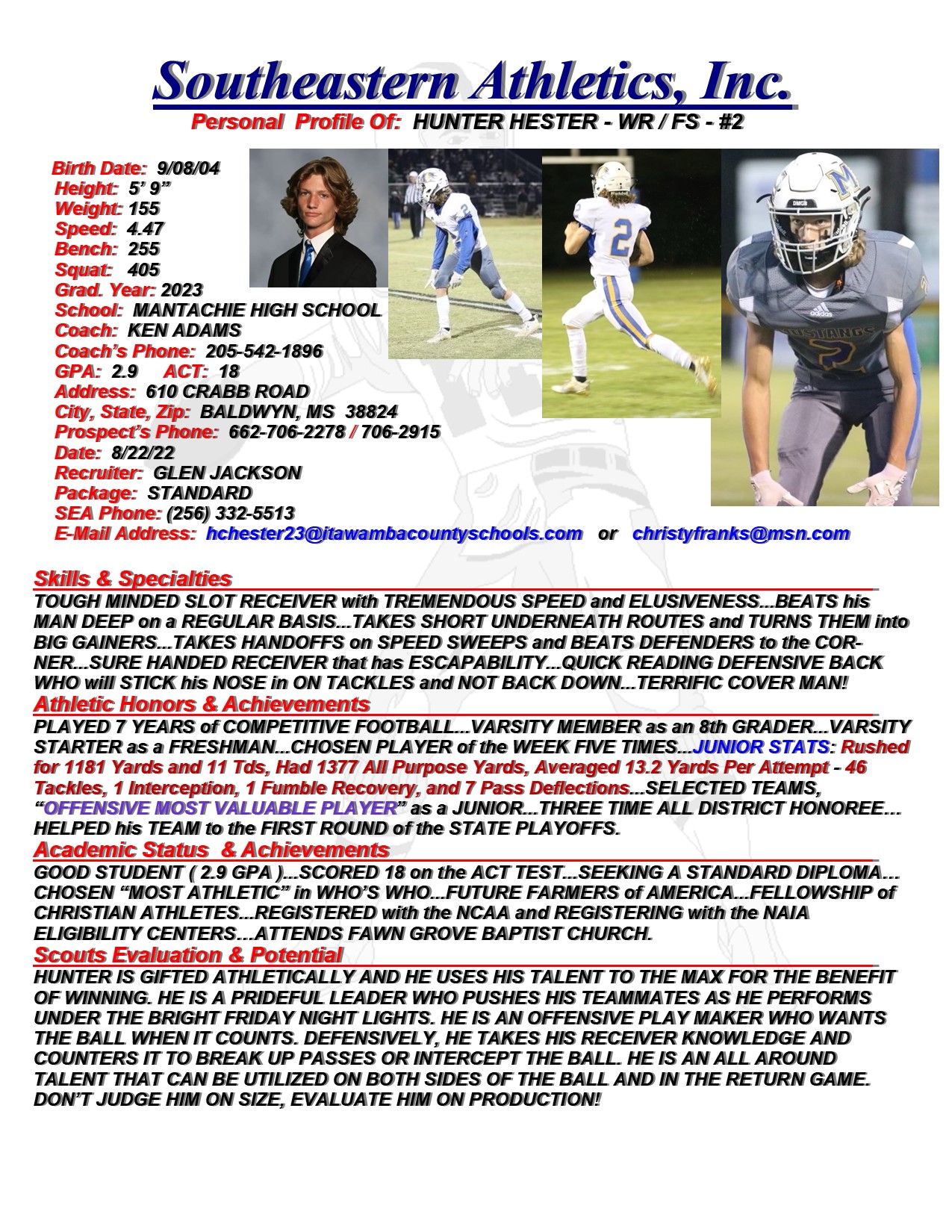 Hunter Hester, 2023, WR / FS, Mantachie HS, MS | Southeastern Athletics ...
