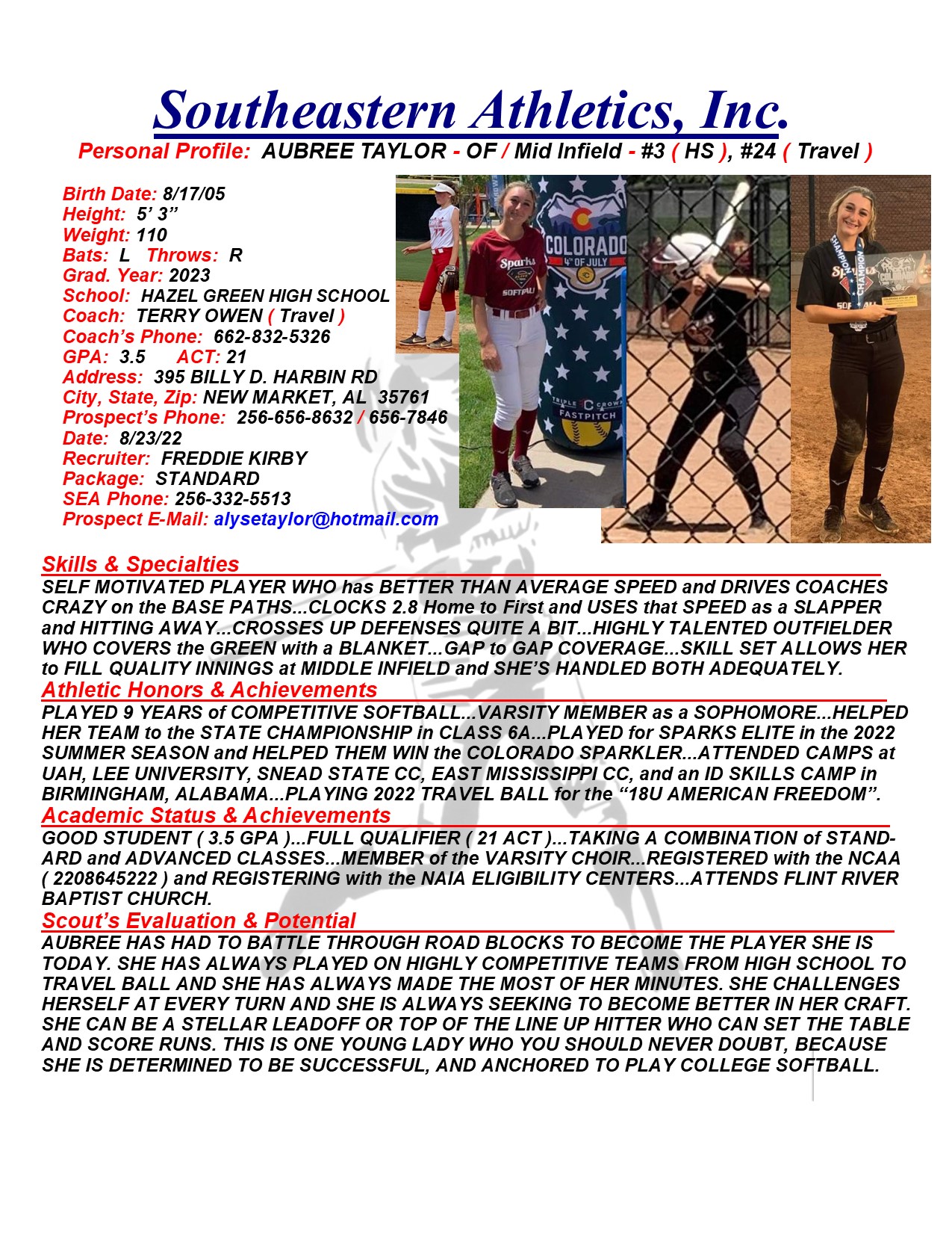 Aubree Taylor, 2023, OF / Middle Infield, Hazel Green HS, AL ...