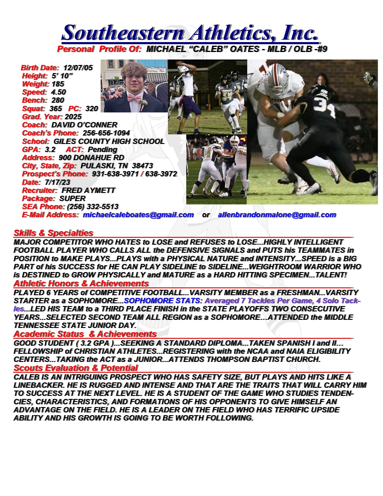 Michael “Caleb” Oates, 2025, MLB / OLB, Giles County HS, TN ...