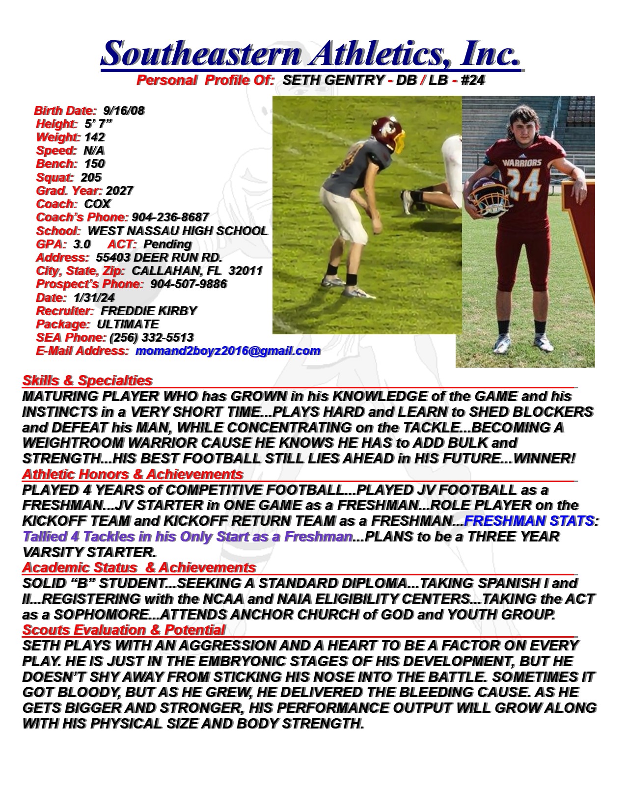 Seth Gentry, 2027, DB / LB, West Nassau HS, FL | Southeastern Athletics ...