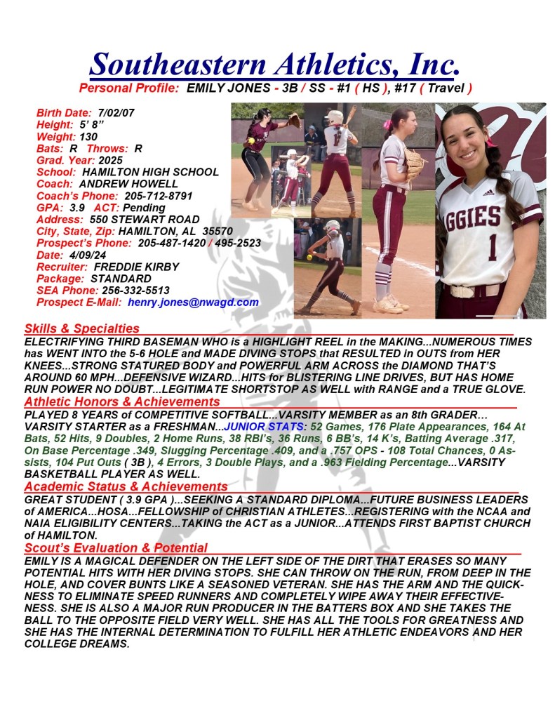 Emily Jones, 2025, 3B / SS, Hamilton HS, AL | Southeastern Athletics, Inc.