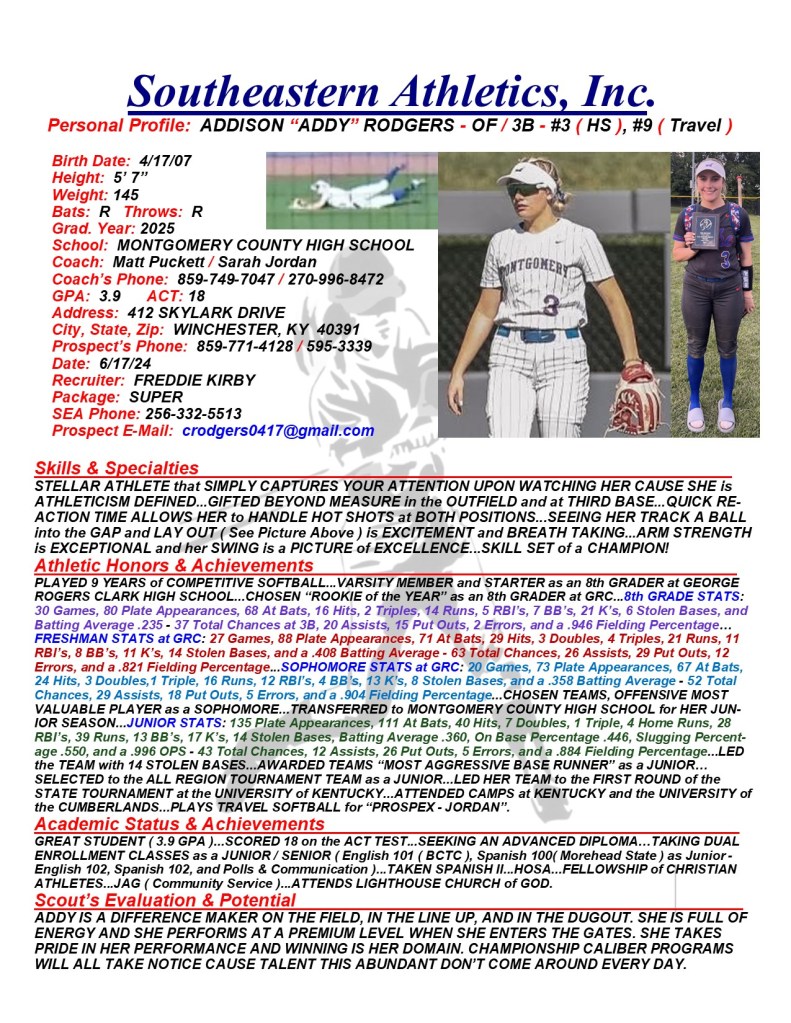 Addison “Addy” Rodgers, 2025, OF / 3B, Montgomery County HS, KY ...