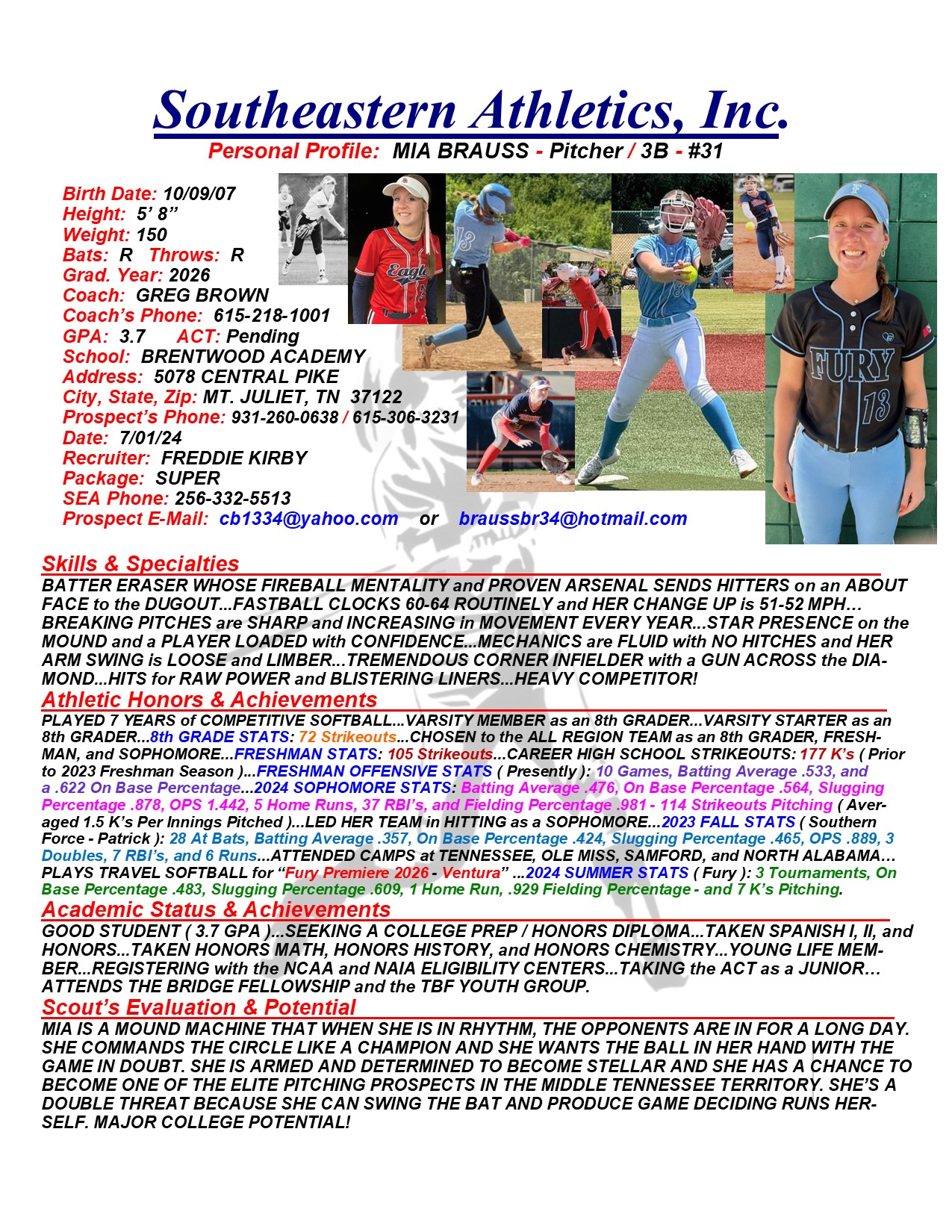 Mia Brauss, 2026, Pitcher / 3B, Brentwood Academy, TN | Southeastern ...