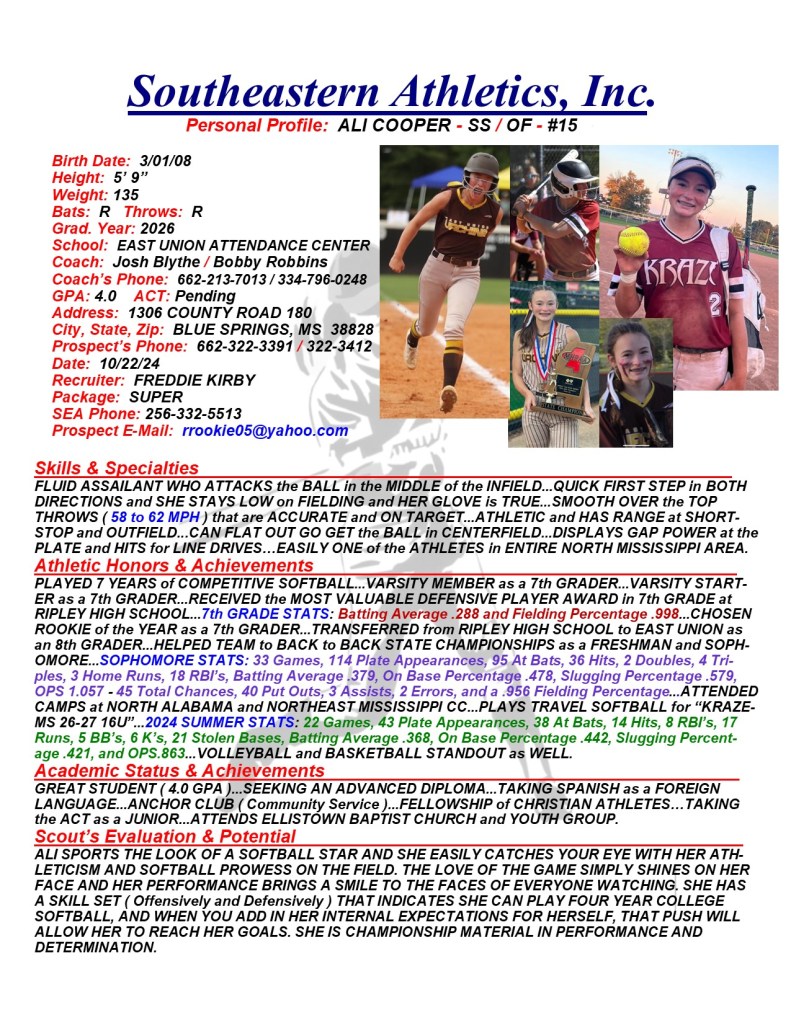 Ali Cooper, 2026, Shortstop / OF, East Union Attendance Center, MS ...