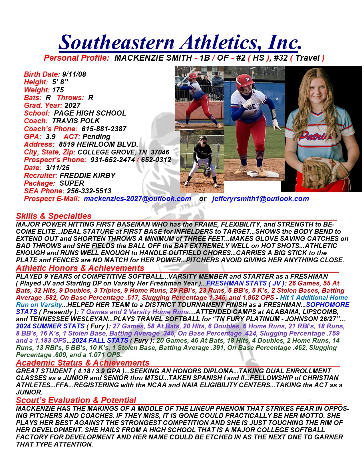 Mackenzie Smith, 2027, 1B / OF, Page HS, TN | Southeastern Athletics, Inc.