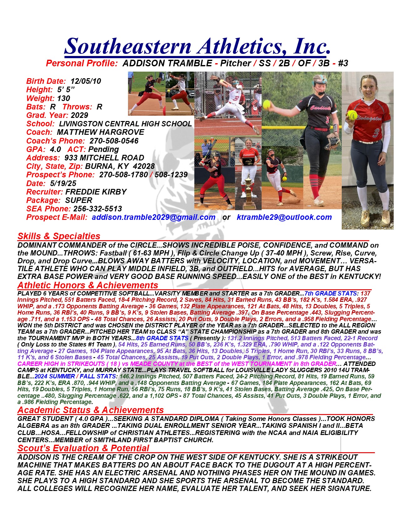 Addison Tramble, 2029, Pitcher / SS / 2B / OF / 3B, Livingston Central ...