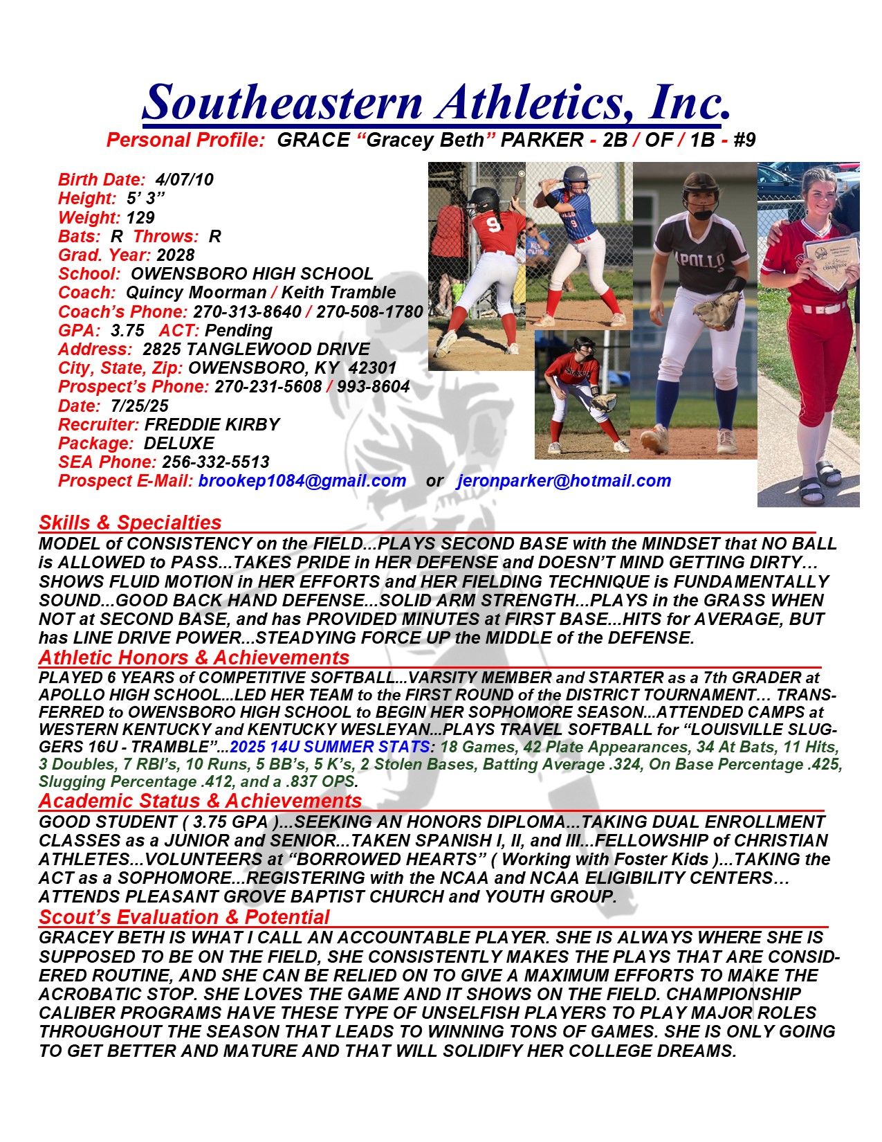 Grace “Gracey Beth” Parker, 2028, 2B / OF / 1B, Owensboro HS, KY | Southeastern Athletics, Inc.